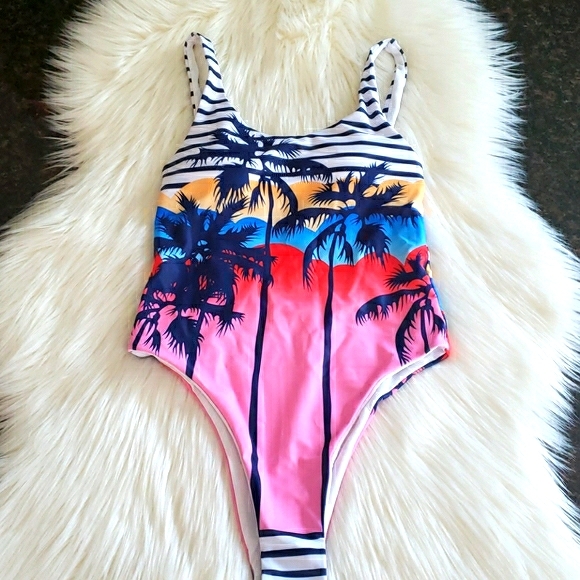 Swim Palm Tree Striped Open Back One Piece Swimsuit Poshmark